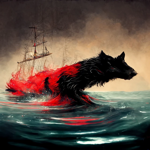 red and black wolf swimming away from a pirate ship | Midjourney