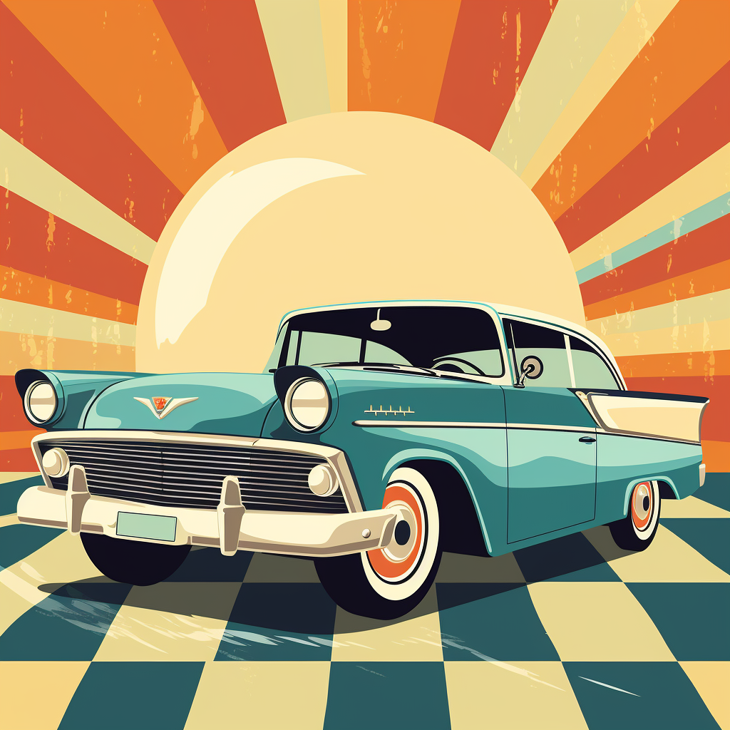 a car with a checkered background, retro vintage art, vintage car ...