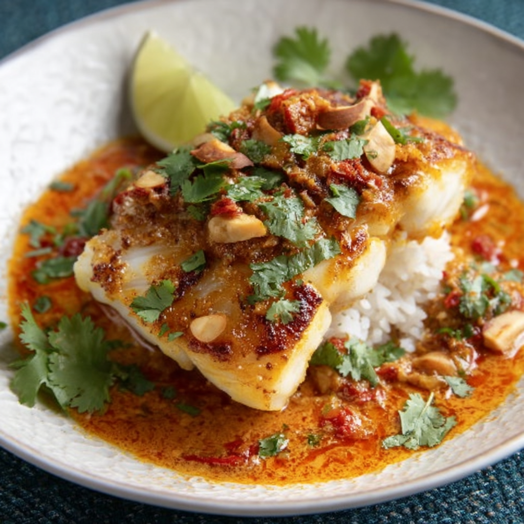 Halibut with Thai red sauce