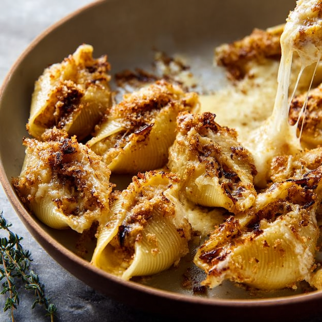 French Onion Stuffed Shells with Cheese Sauce