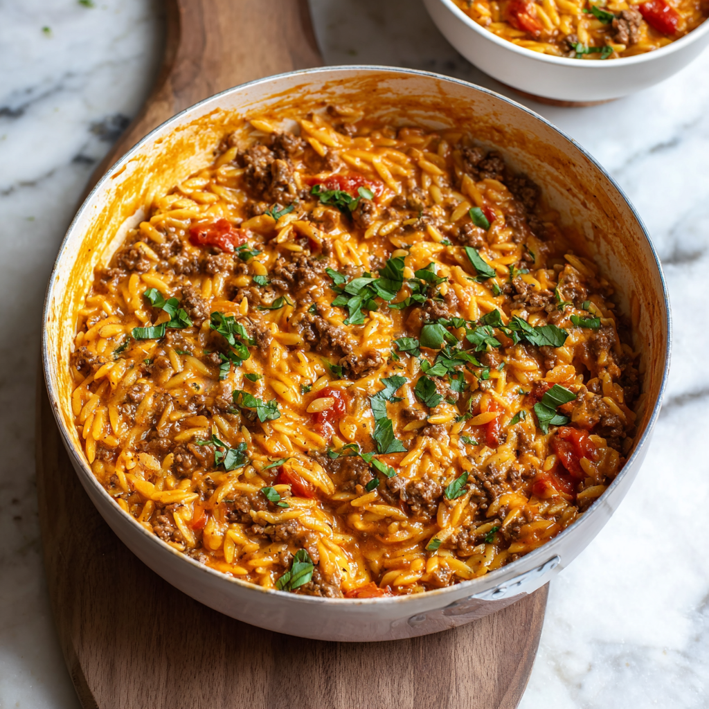 One Pot Ground Beef Orzo with Creamy Tomato Sauce