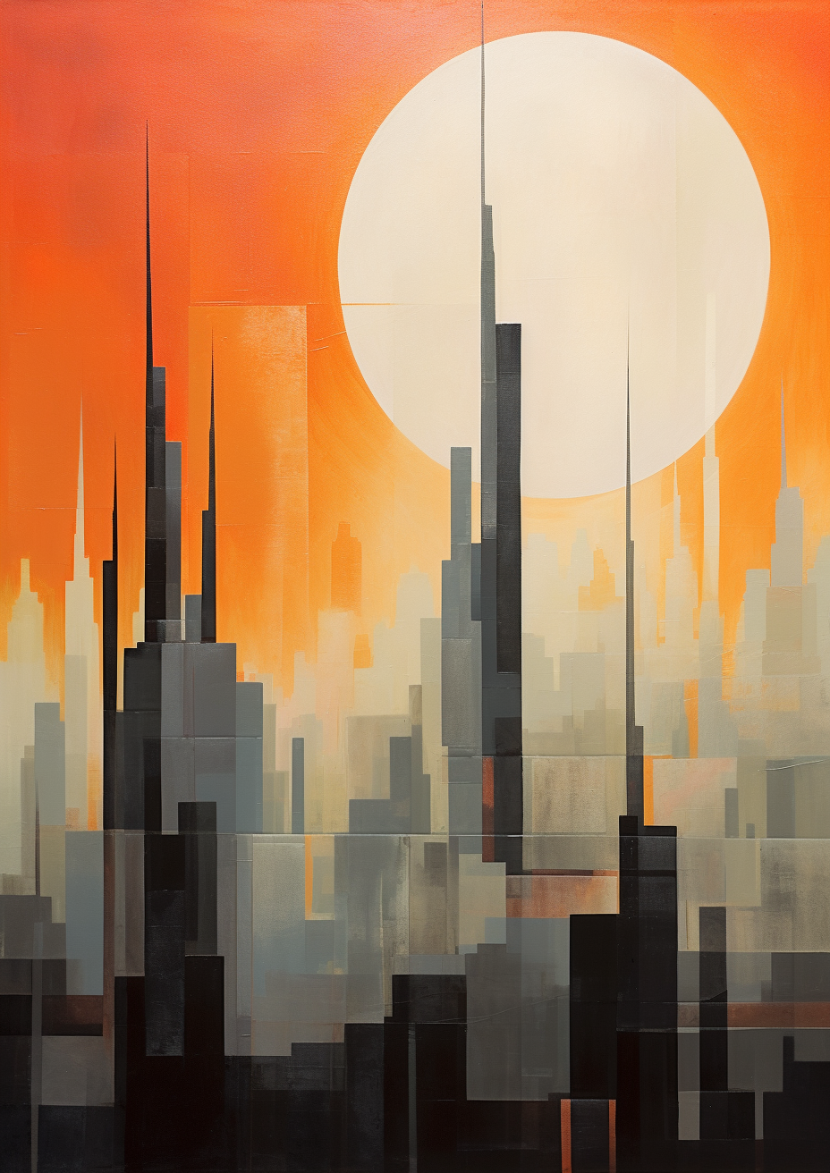 A sleek, minimalist cityscape at sunset, emphasizing clean lines and ...