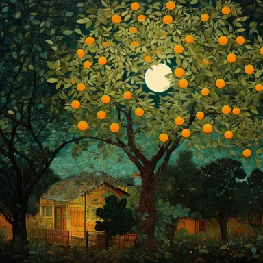 an orange tree and a star, in the style of denis sarazhin, edogawa ...