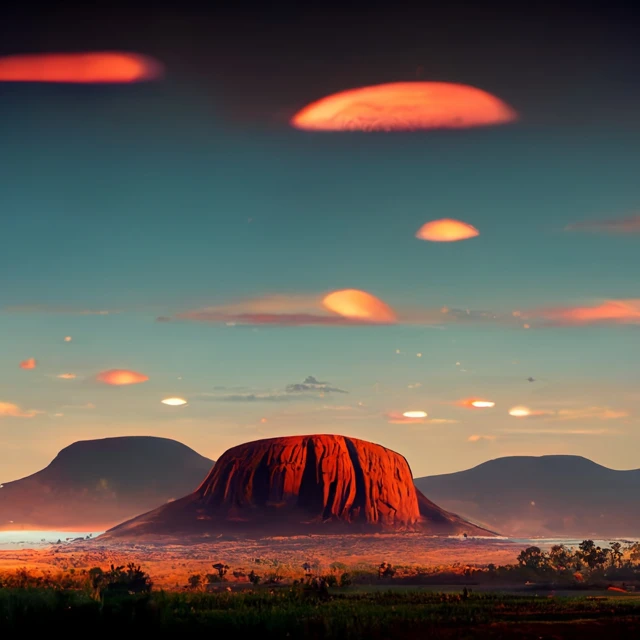 aliens landing around Uluru, Ayers Rock, talking and | Midjourney