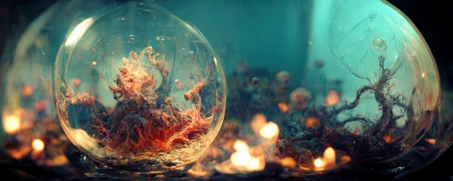 in a round glass sphere, ocean, fishnet, horror, | Midjourney