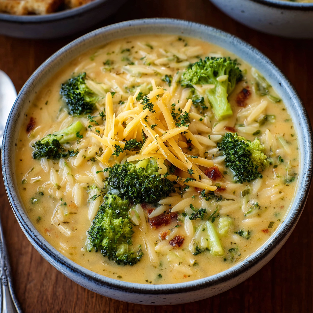 Deliciously Creamy Broccoli Cheddar Orzo Soup