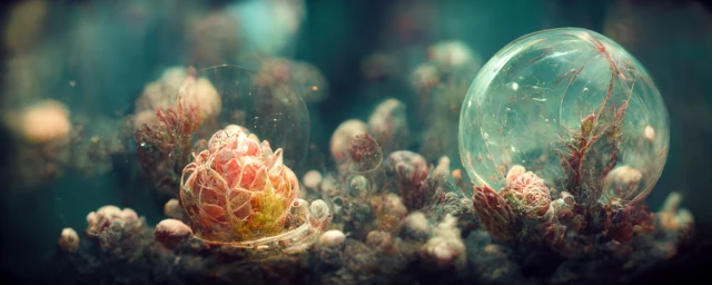 in a round glass sphere, ocean, fishnet, horror, | Midjourney