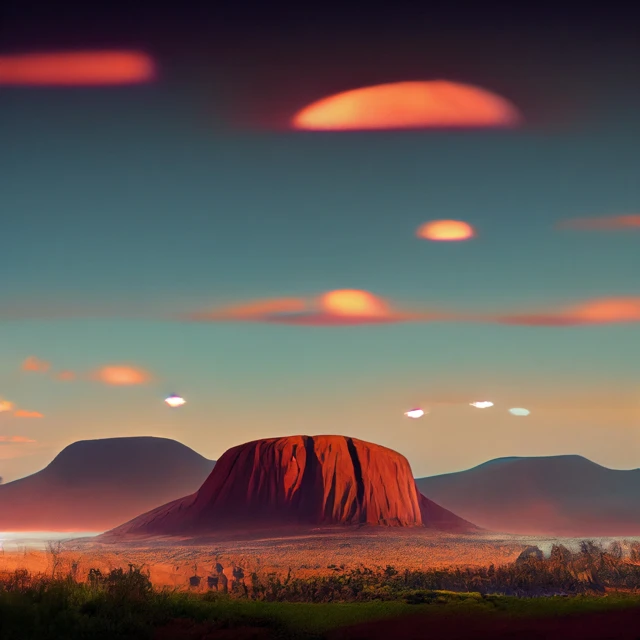 aliens landing around Uluru, Ayers Rock, talking and | Midjourney