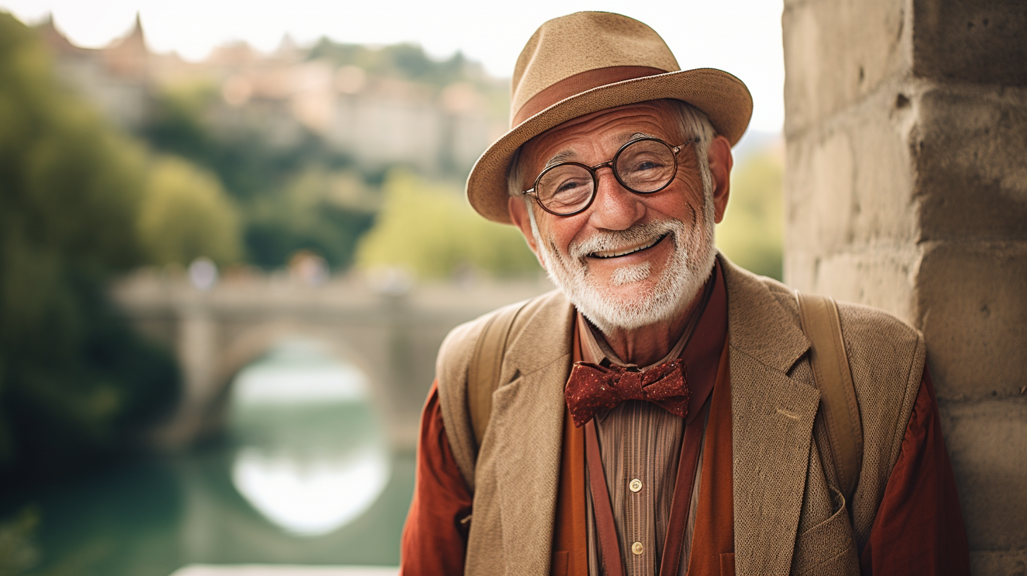an old warm man smiling with glasses like the father of pinocchio ...