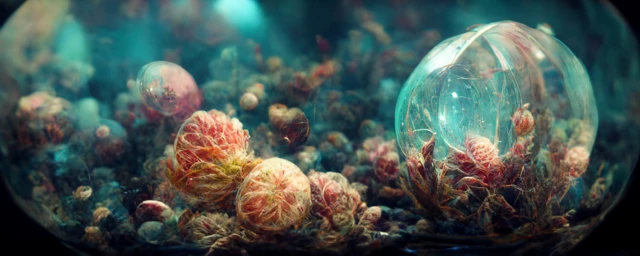 in a round glass sphere, ocean, fishnet, horror, | Midjourney