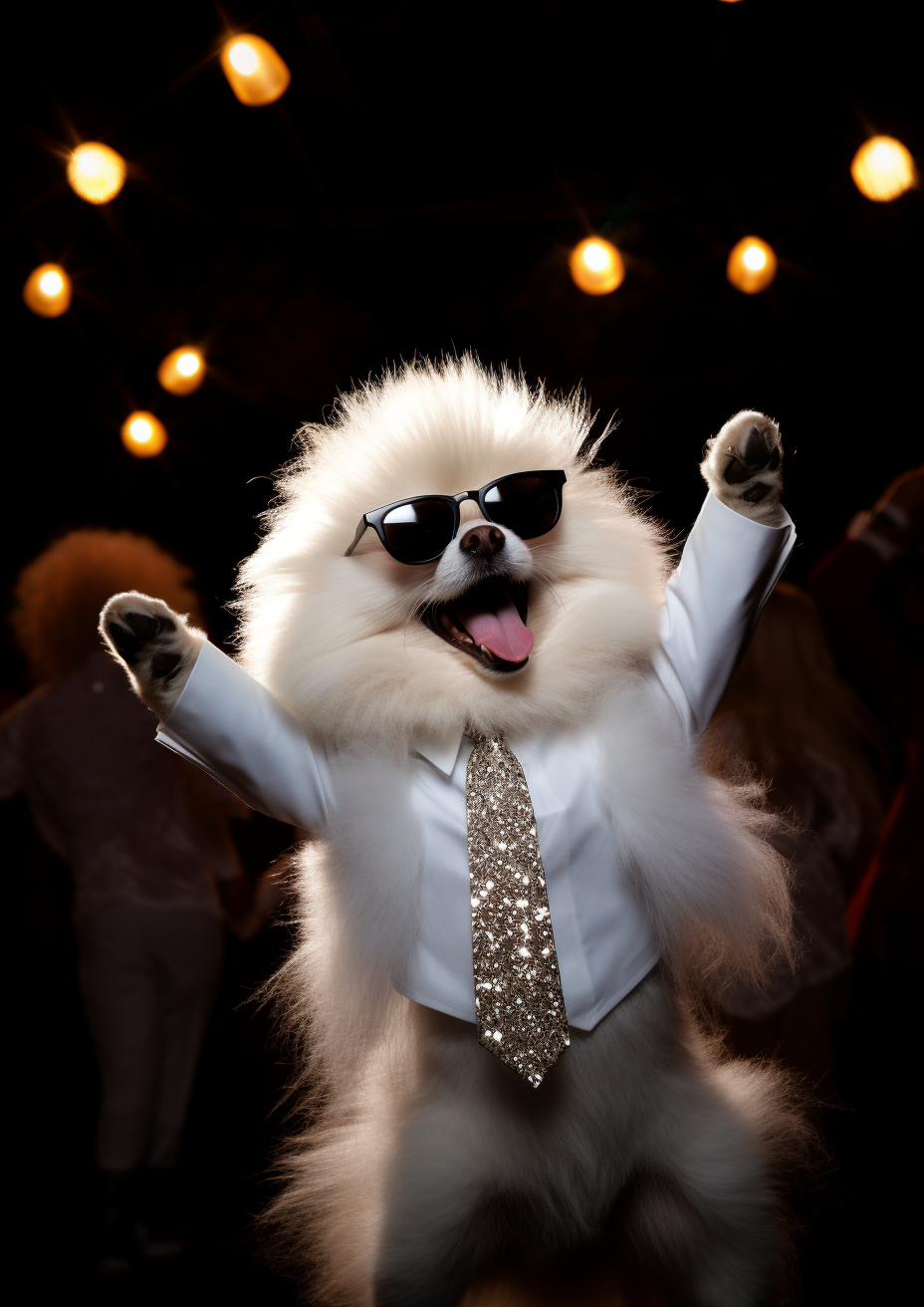 a white Pomeranian dancing at a club – YouPrint AI