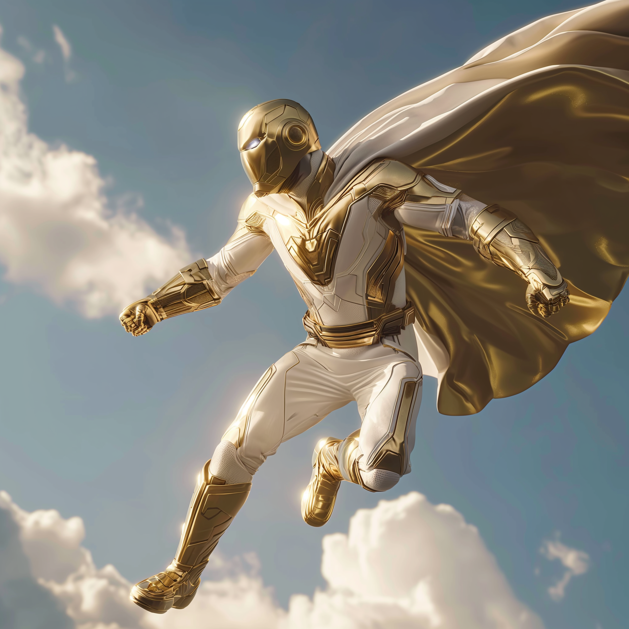 iron man in a white gold suit with gold cape