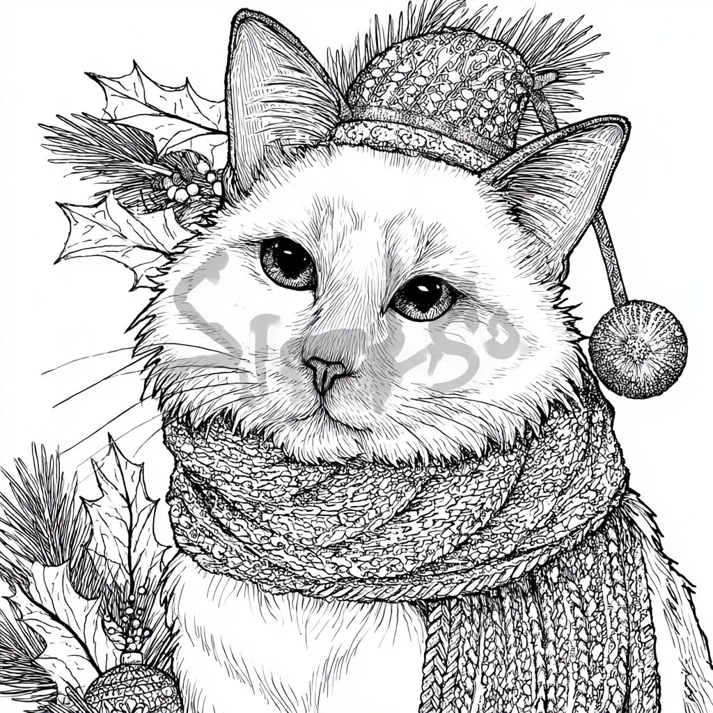 Festive Feline Fun: Holiday-Themed Coloring Sheet for Cat Lovers ...